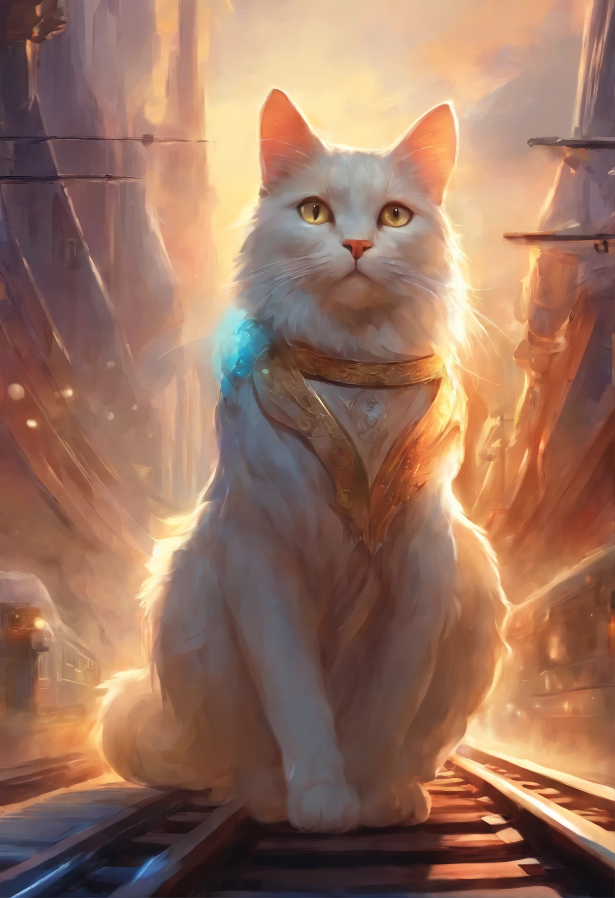 There is a cat that is sitting on a train track - SeaArt AI