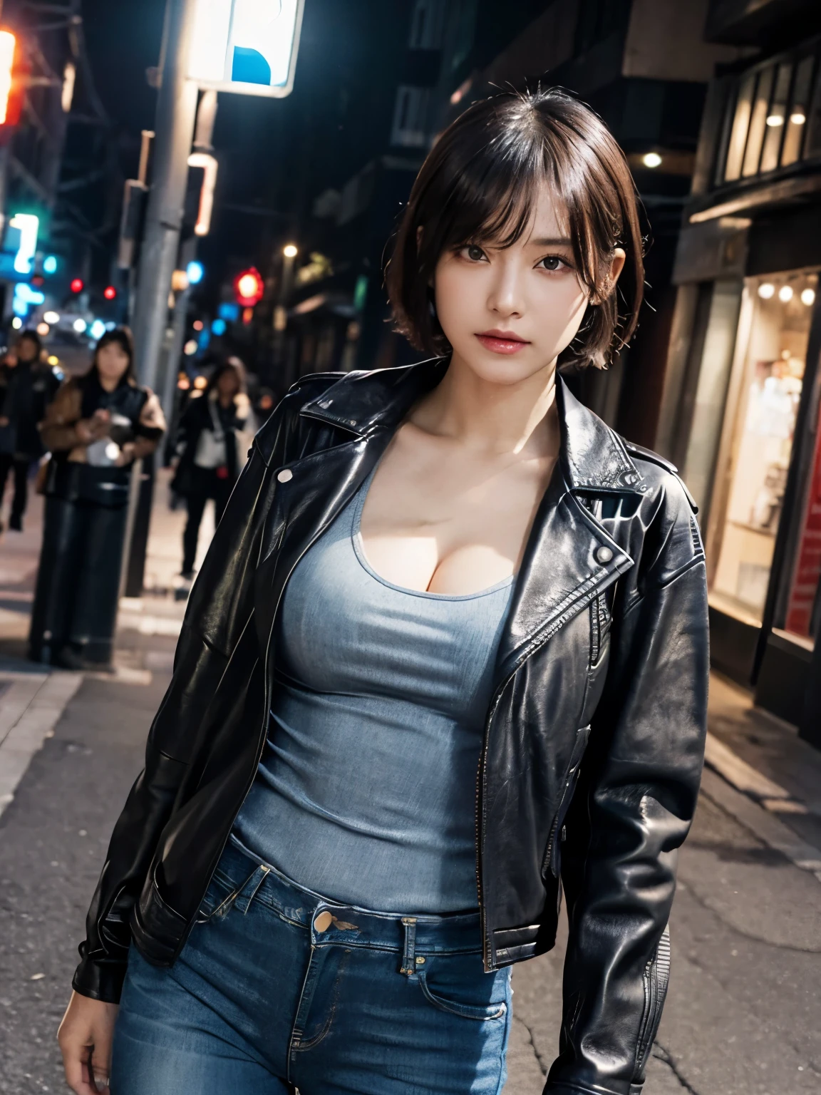 Araffe woman in a leather jacket and jeans walking down a street - SeaArt AI