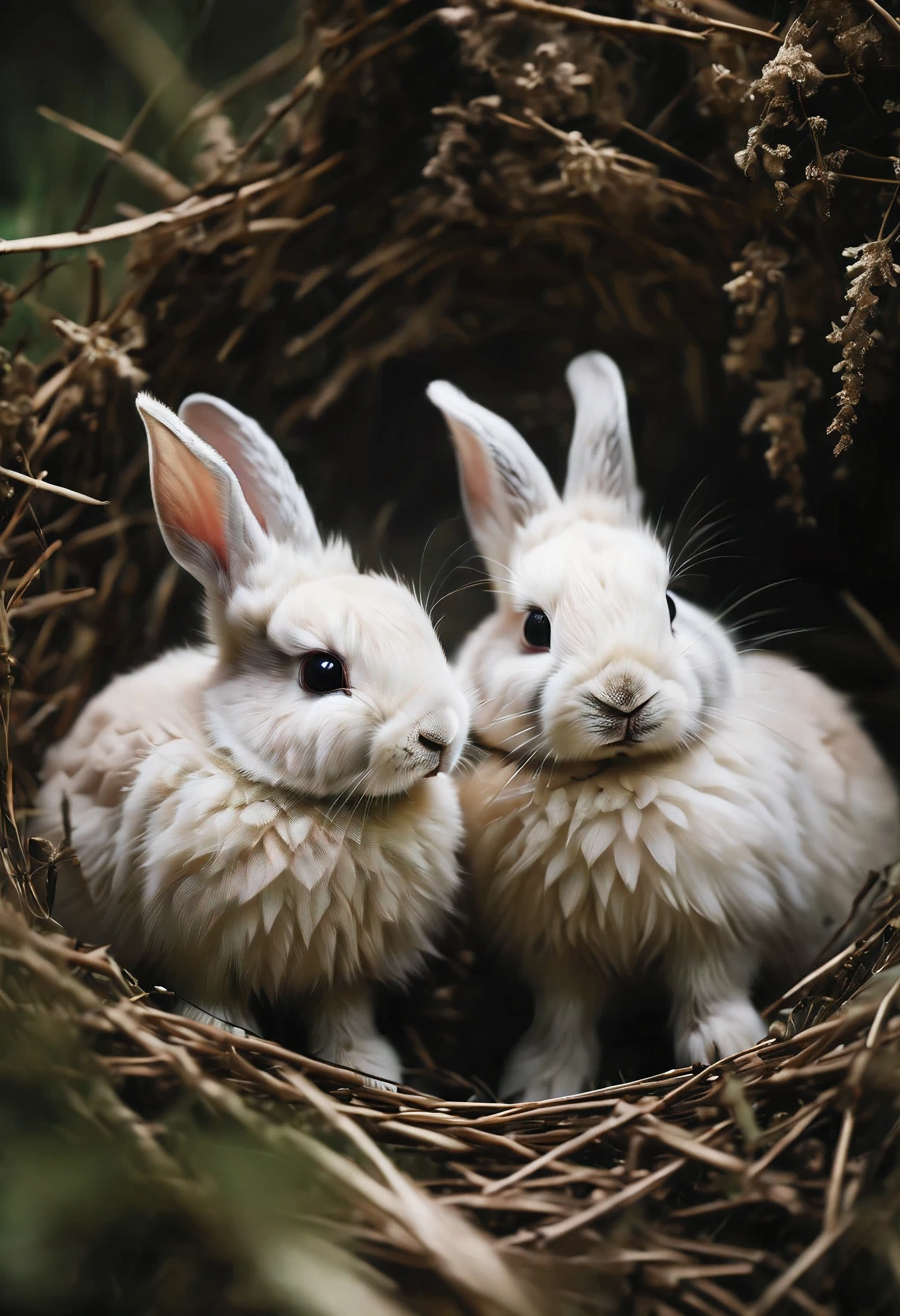 Two white rabbits sitting in a nest with grass and plants - SeaArt AI