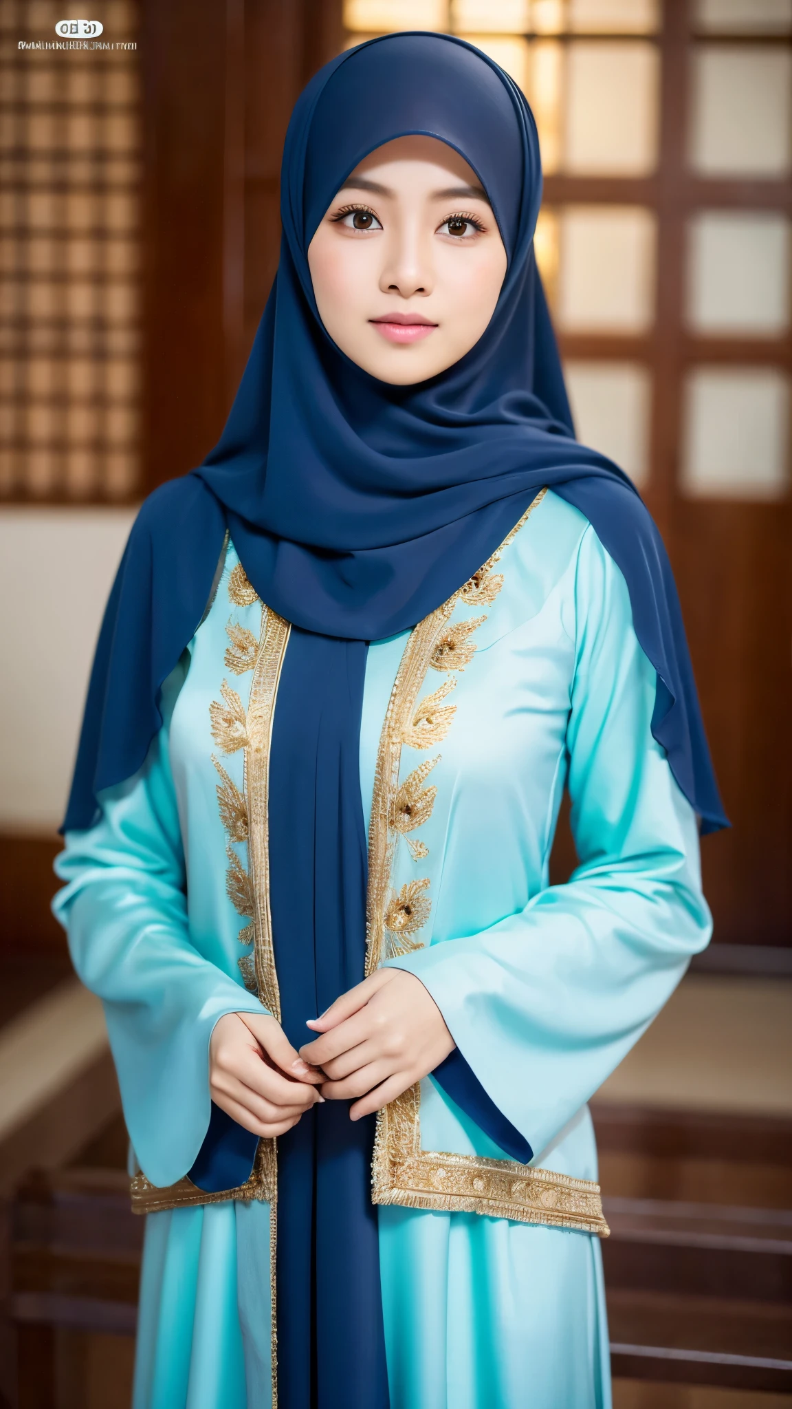 A woman wearing a blue and gold hijab - SeaArt AI