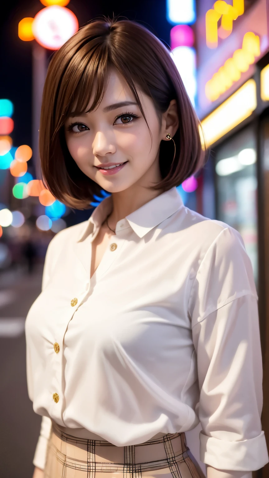 日本のアイドル 成熟した女性 幸せな笑顔 茶髪 ショートヘア 33歳 白いブラウス 夜のネオン街 Seaart Ai