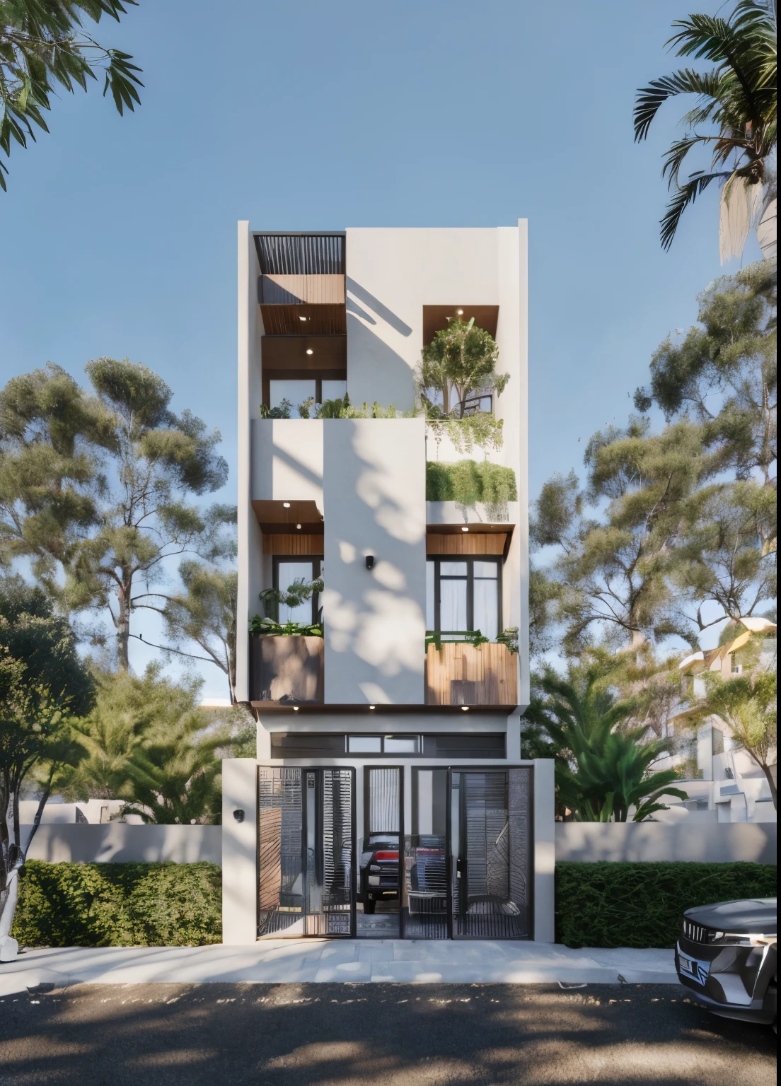 Townhouse in city, daylight,warm light, (sharp focus) front view of ...