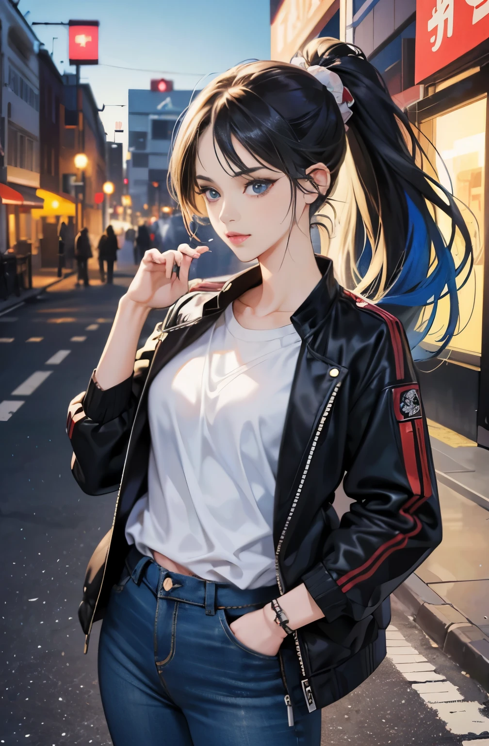 A woman in a black jacket and jeans standing on a street - SeaArt AI