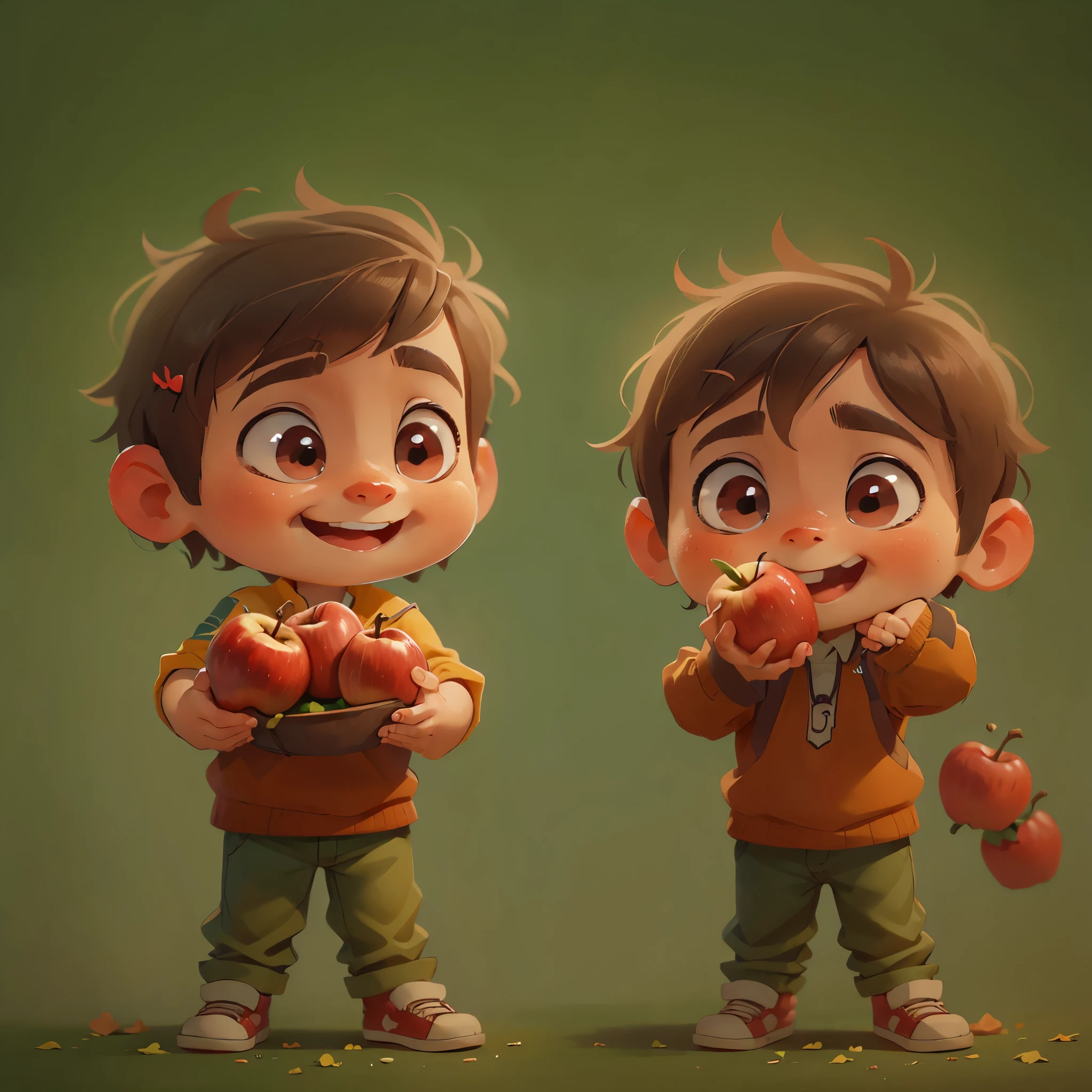 Cartoon boy and girl eating apples in a field - SeaArt AI