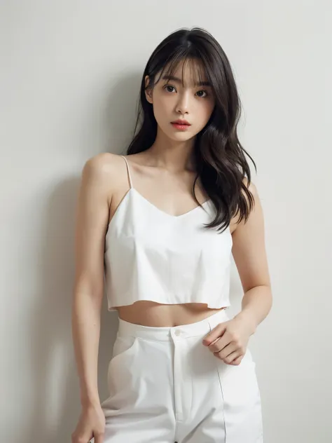 シースルートップス、、キャミソール、くびれ、腹筋、さらさらな髪の毛、(背景に白い壁、髪の一部がレモンシフォンになっています:1.4)、白い壁、白い扉の前で撮影、(窓のある白い壁の部屋 ...