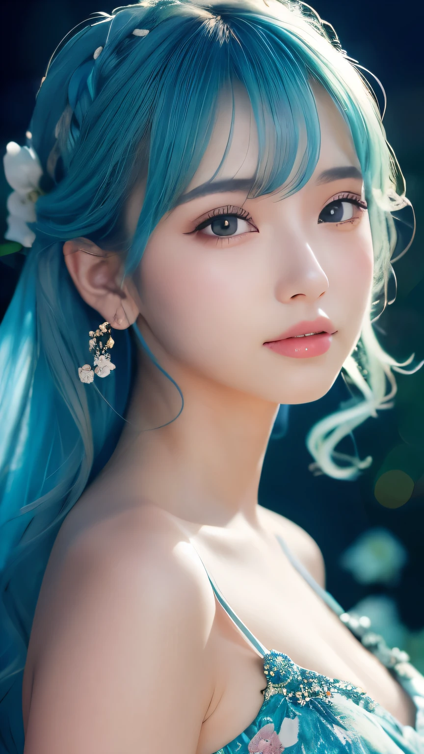 A woman with blue hair and a flower in her hair - SeaArt AI