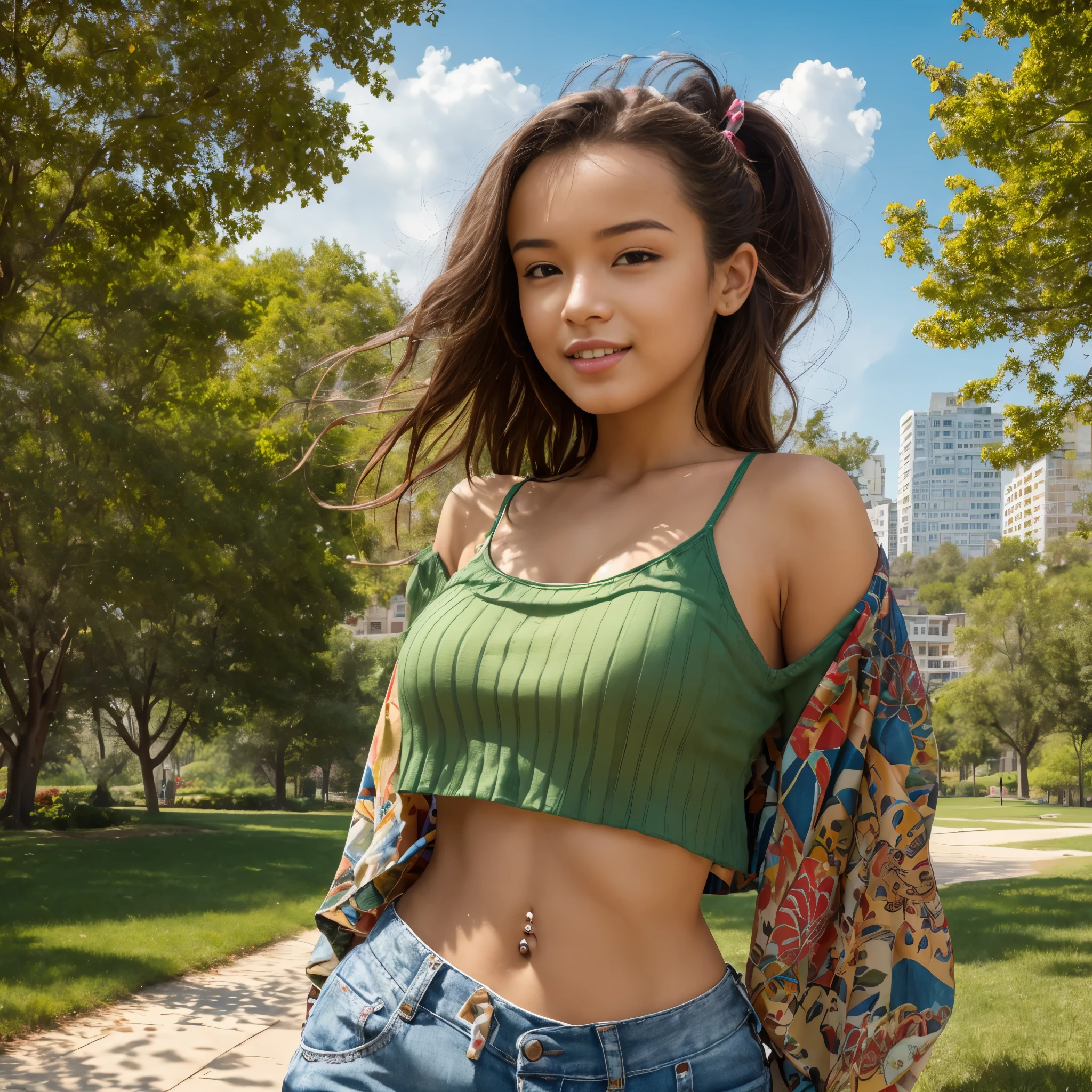 Araffe asian woman in a green top and jeans posing for a picture - SeaArt AI