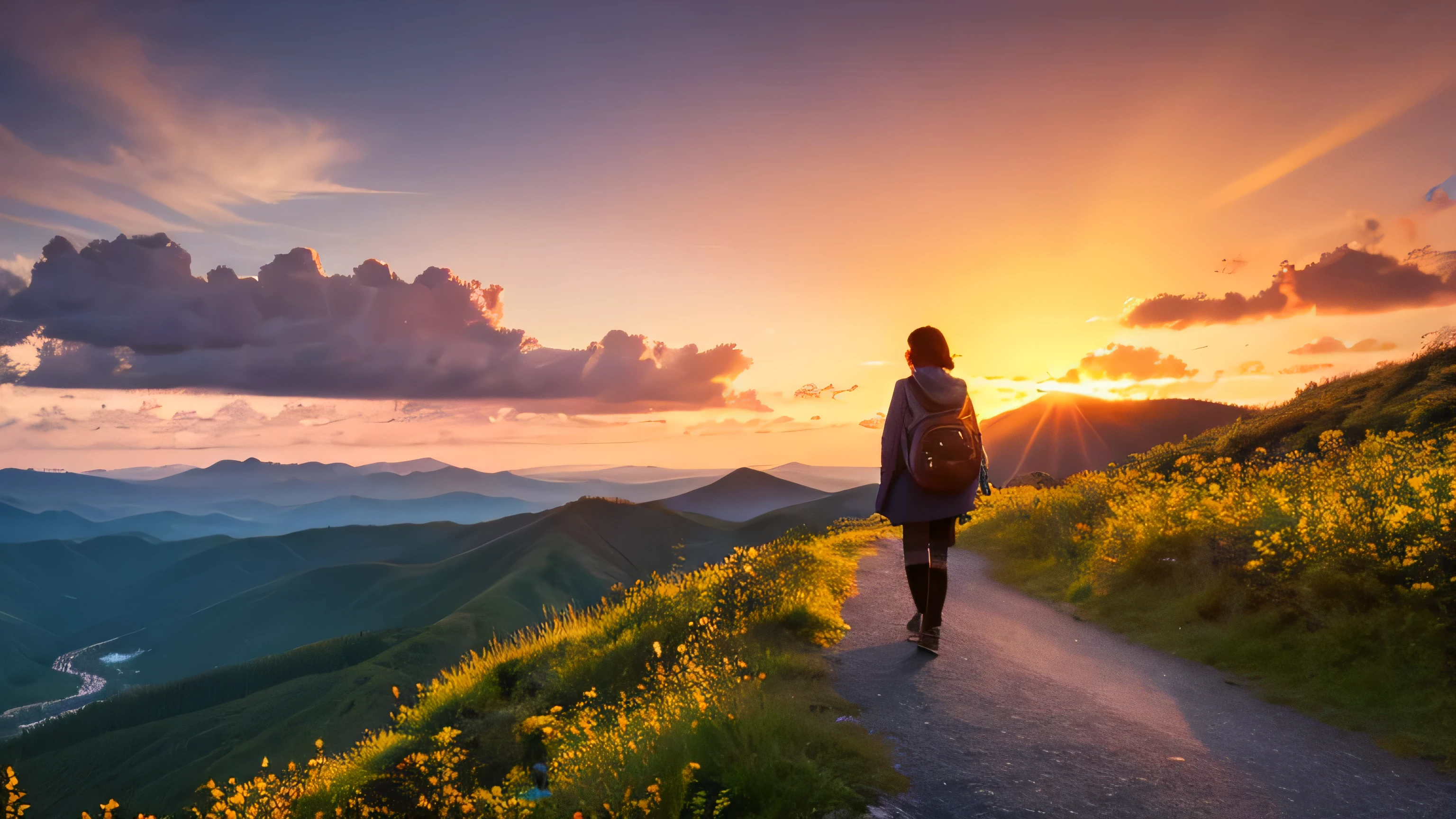 A woman walking down a path towards the sun in the mountains - SeaArt AI