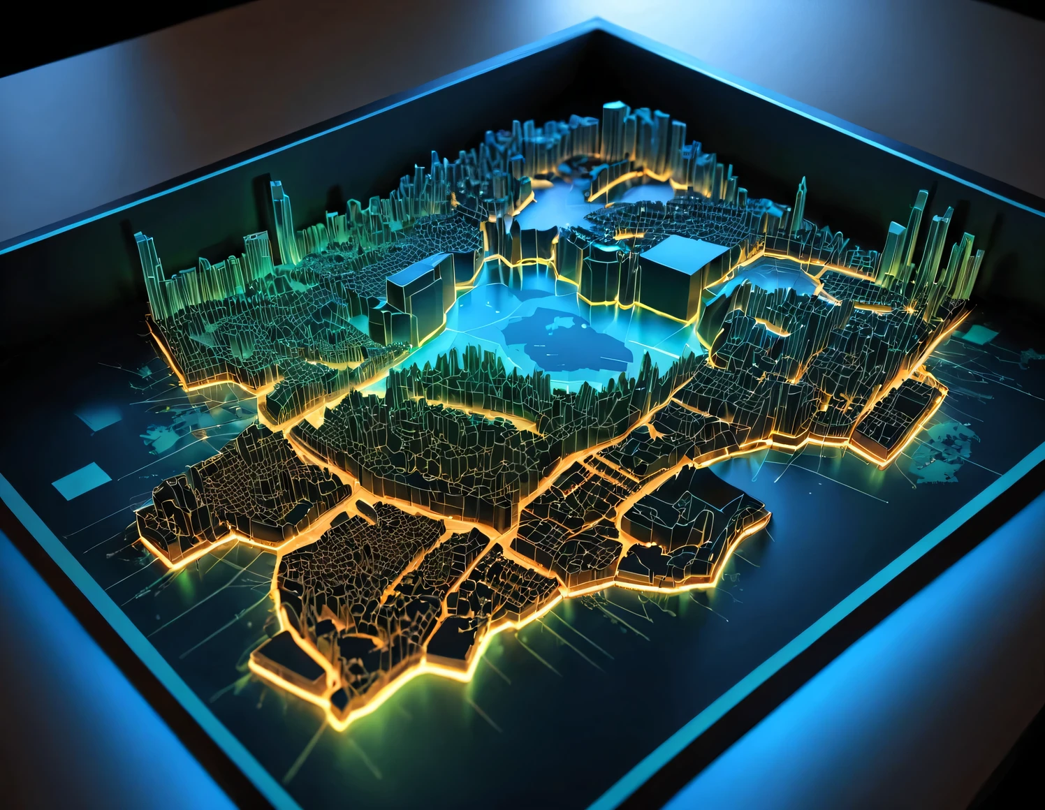 A close up of a 3d model of a city with a glowing map - SeaArt AI
