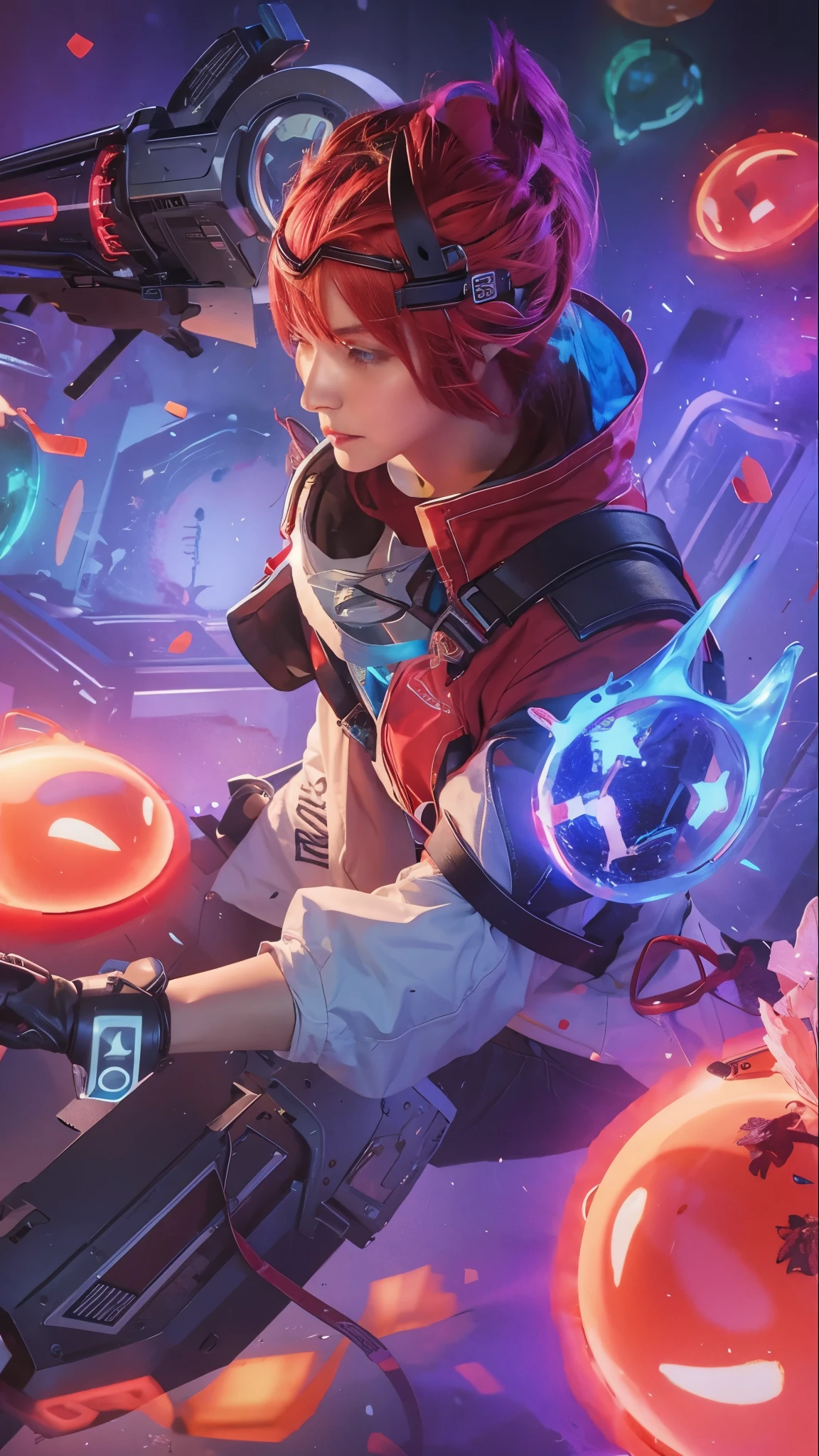 A woman with red hair and a gun in a space setting - SeaArt AI