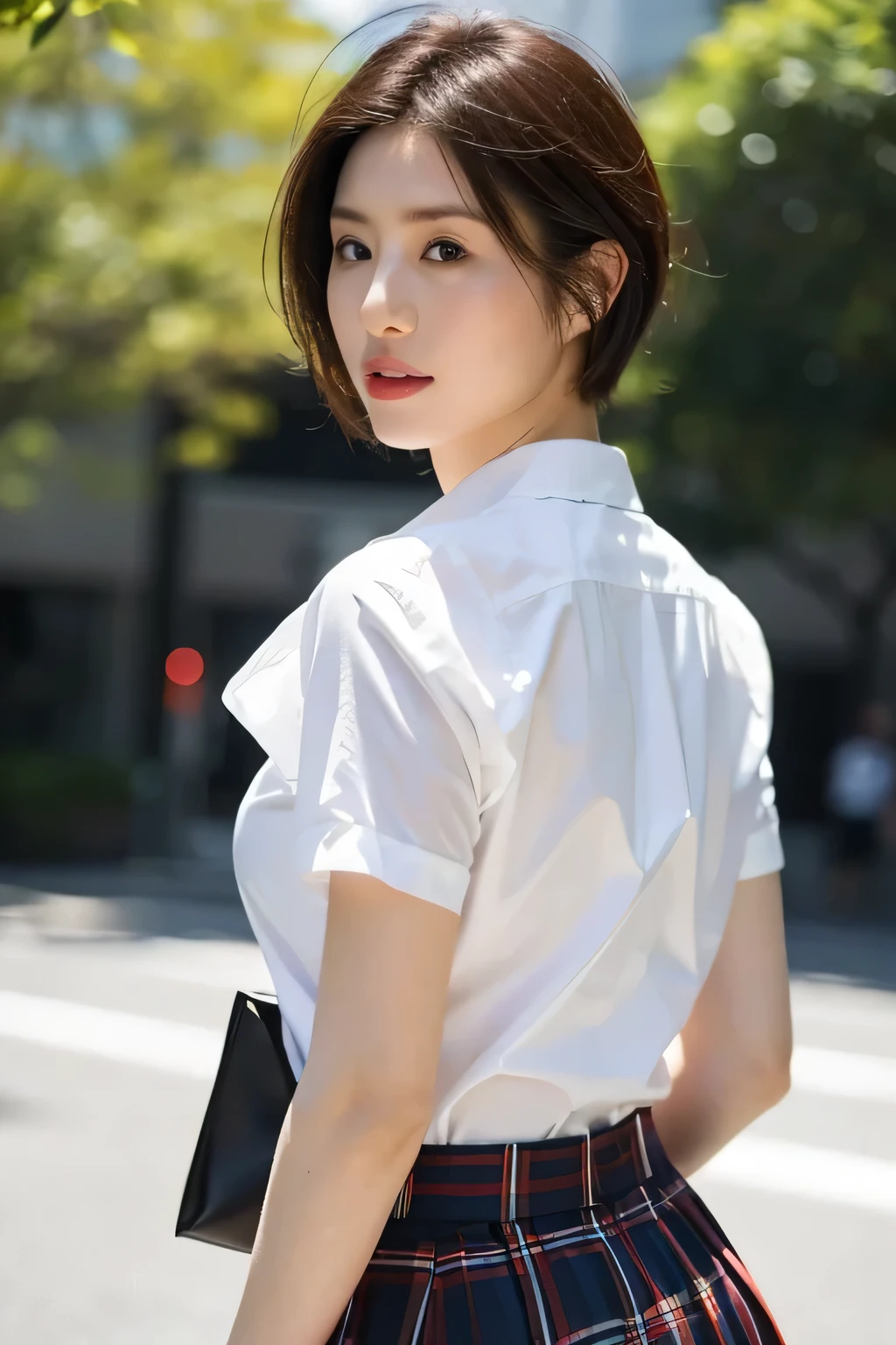 A woman in a white shirt and plaid skirt standing on a street - SeaArt AI