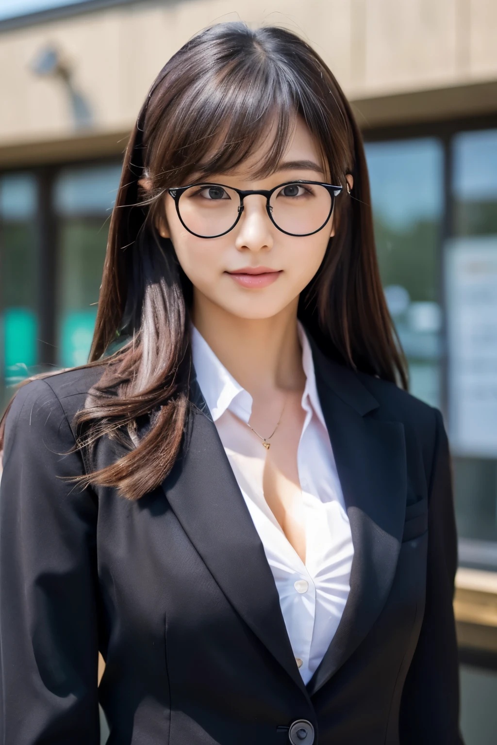 黒いスーツを着た女性が写真を撮る ビジネススーツを着ているいる 白いカッターシャツ 胸の谷間が開いたジャケット スーツを着た女の子