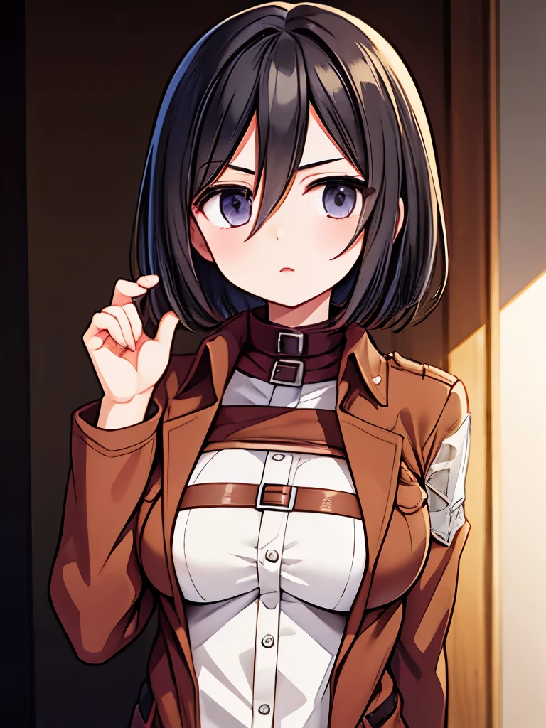 黒髪と茶色のジャケットを着たアニメの女の子がカメラに向かってポーズをとっている - SeaArt AI