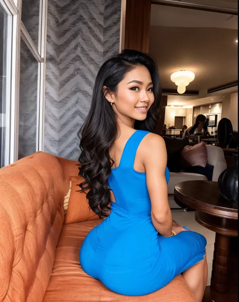 Young Thai woman, Fit physique, fitness physique, wearing sexy black lingerie sitting on the ...