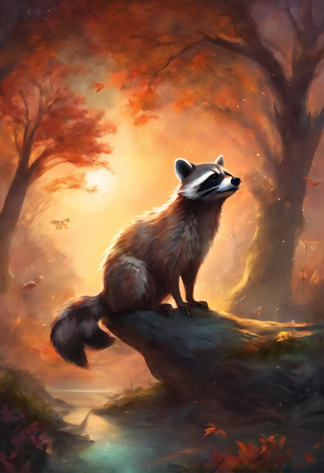 Painting of a raccoon sitting on a tree branch in a forest - SeaArt AI
