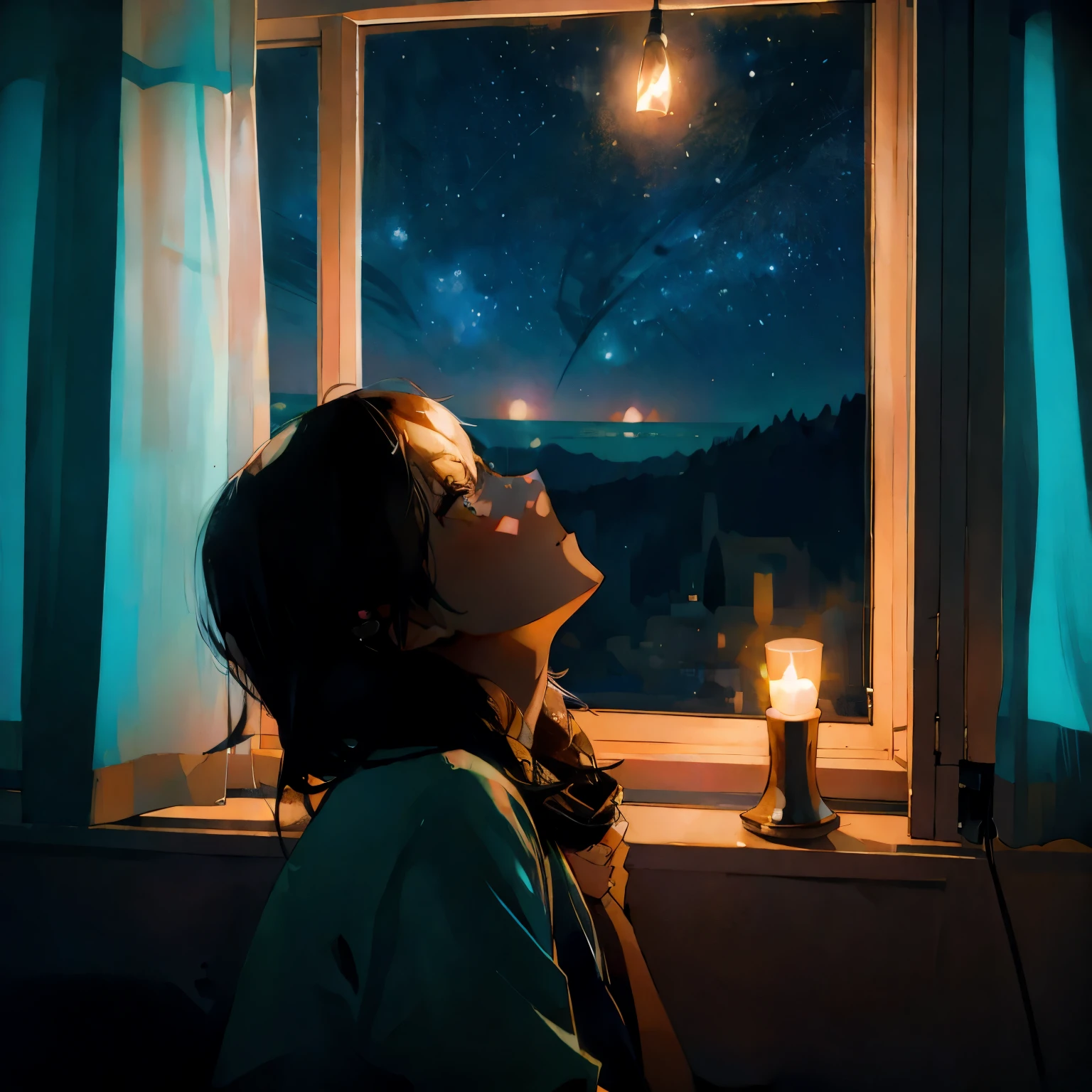 Arafed woman looking out a window at a night sky - SeaArt AI