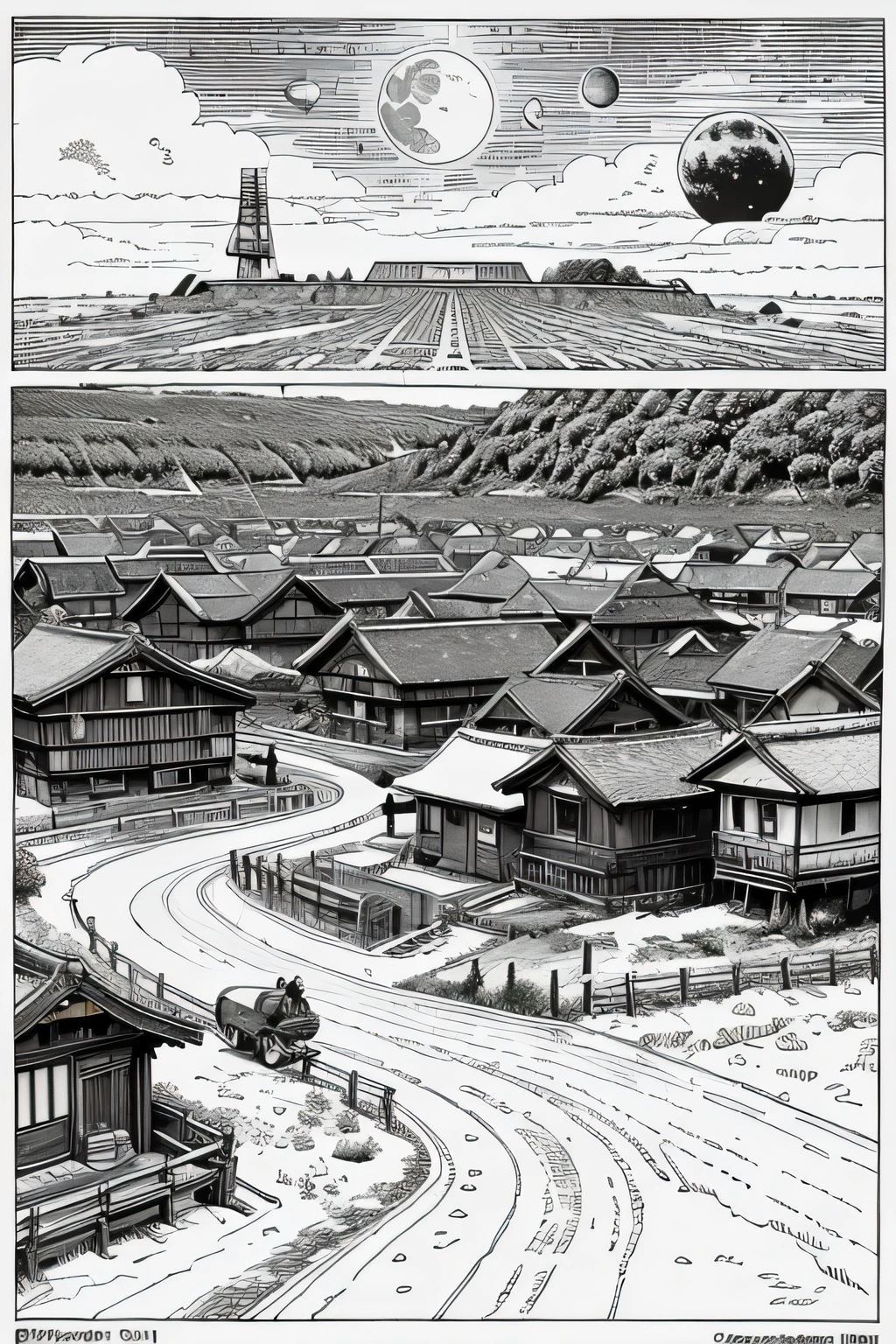 A black and white drawing of a town with a large moon in the sky ...