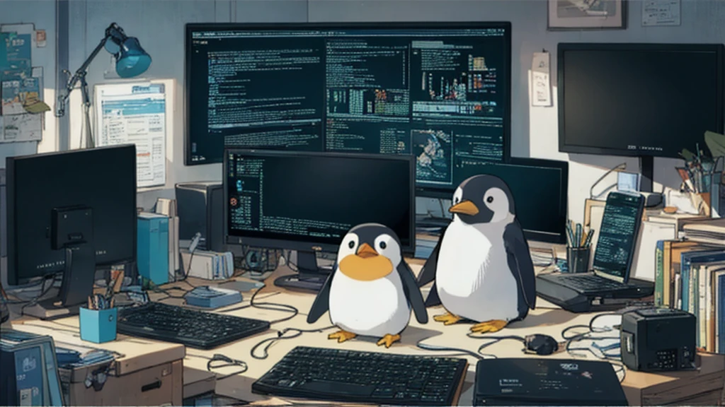 Penguin sitting at a desk with a computer and monitor, Pingu sitting ...