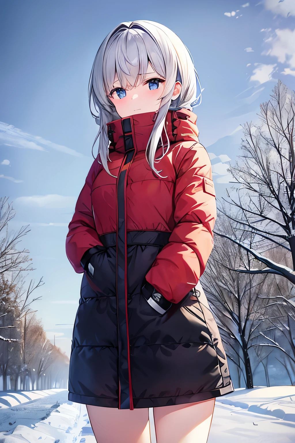 Anime girl in red jacket standing in snow with trees in background ...