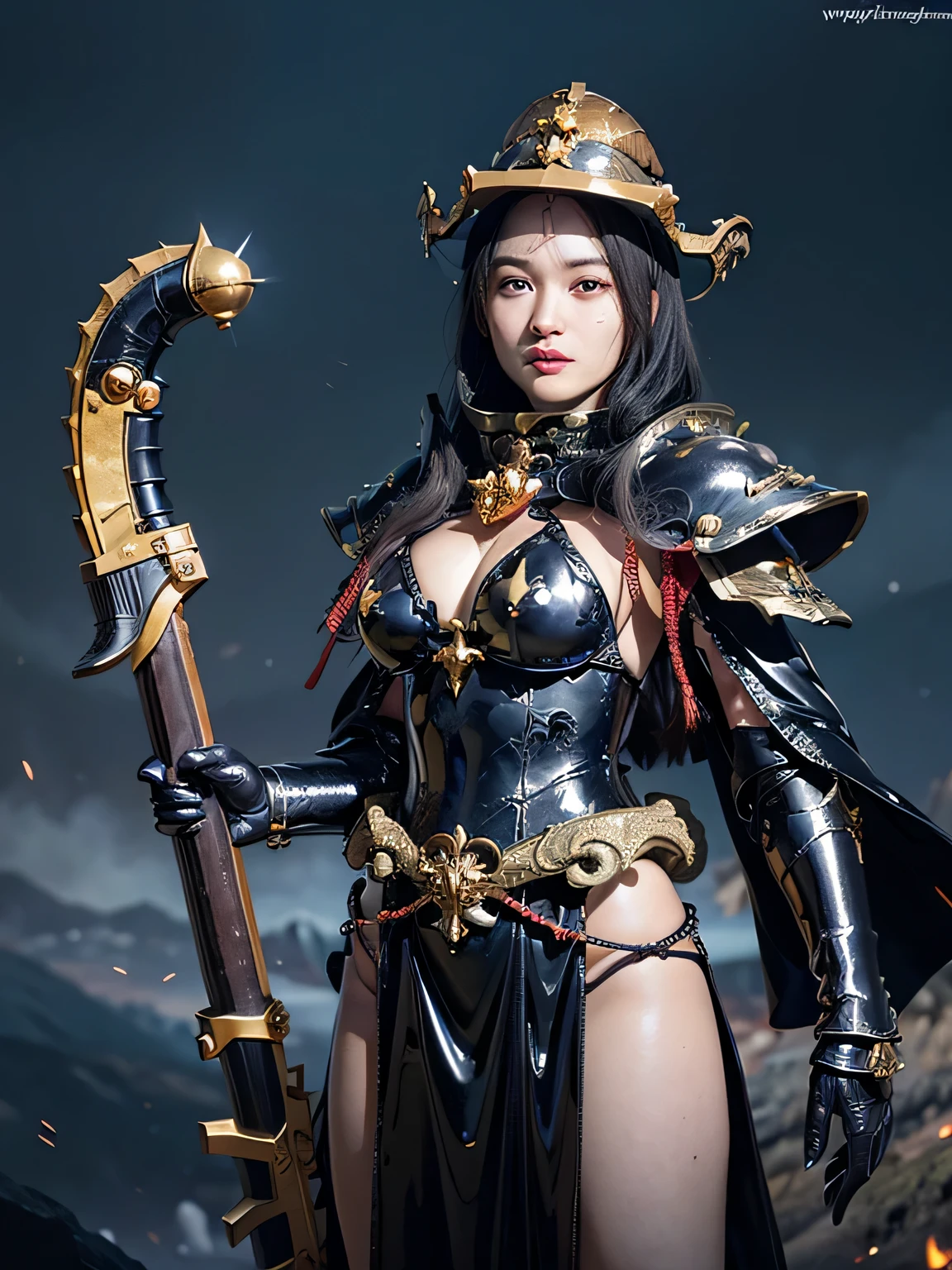 ((闇の世界)),プロ , 傑作、最高の品質、リアルな写真 , 被写界深度 、（ドラゴンブラックメタルボディ:1.4),(黒青ラテックス、（胸のネックライン）、ドラゴンゴールデンウェポン ...