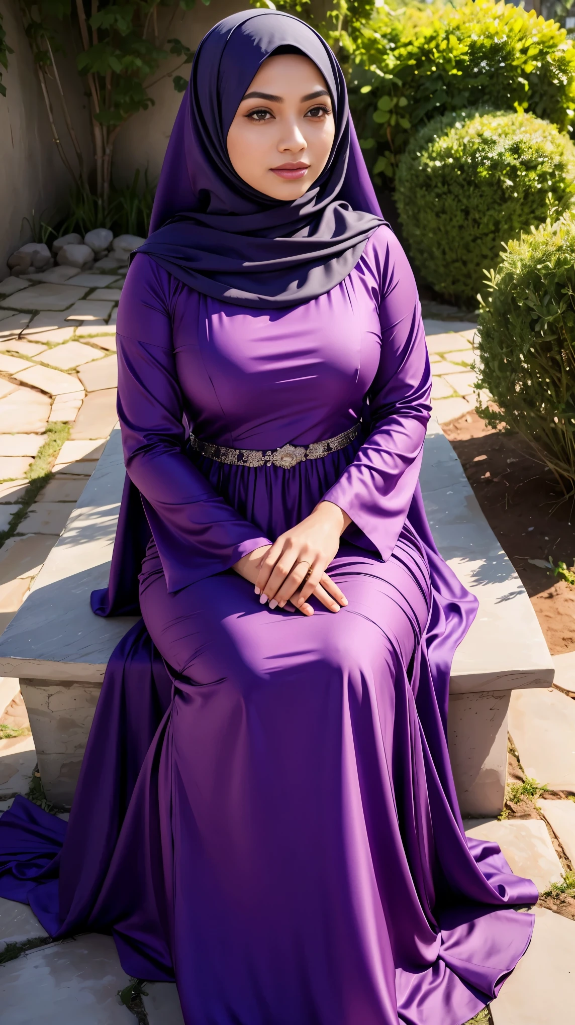 Purple muslim woman in a purple dress sitting on a stone step - SeaArt AI