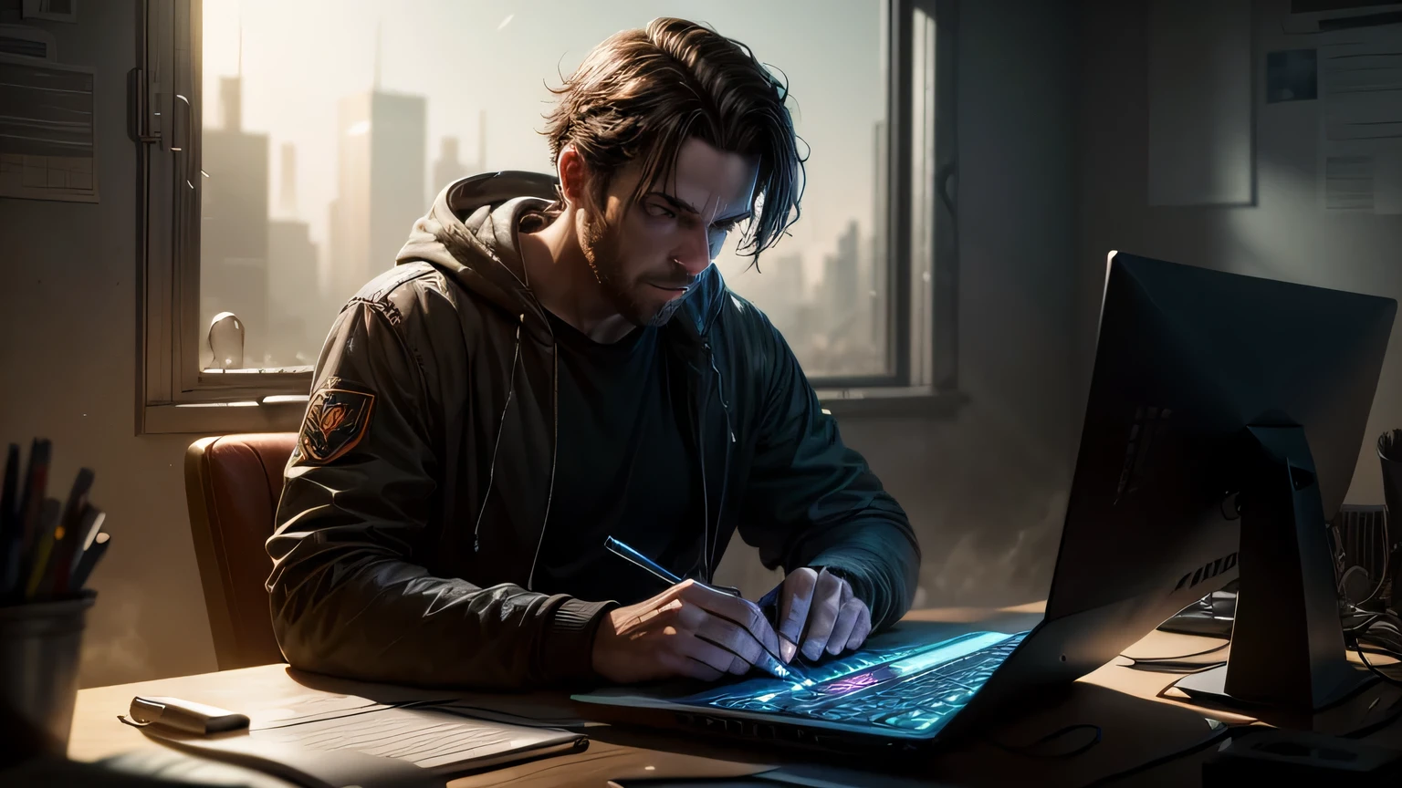 Arafed man sitting at a desk with a laptop and pen - SeaArt AI