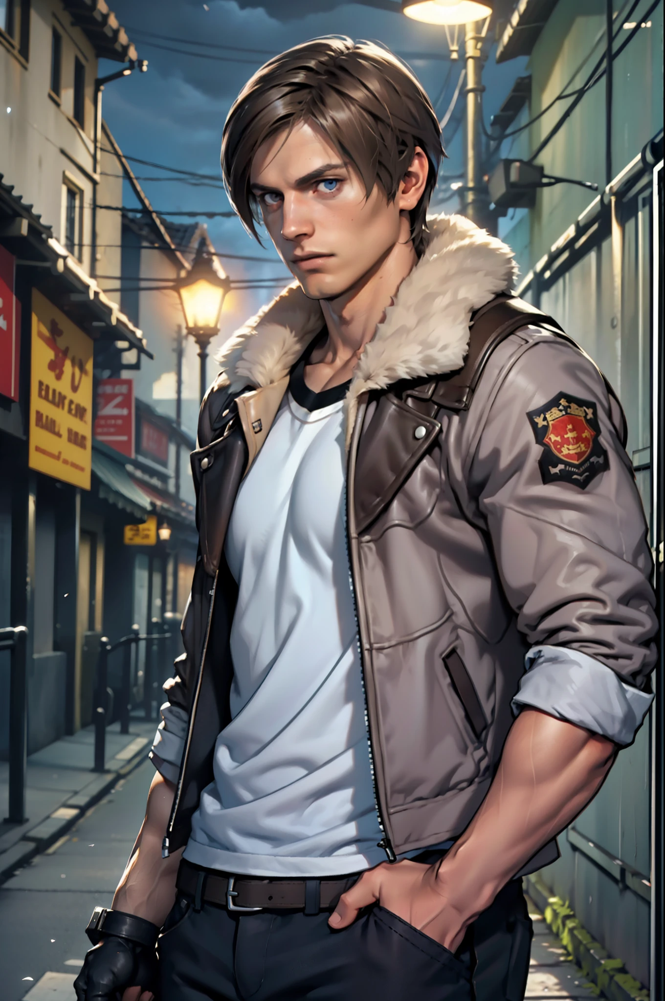 A close up of a person standing on a street near a building - SeaArt AI