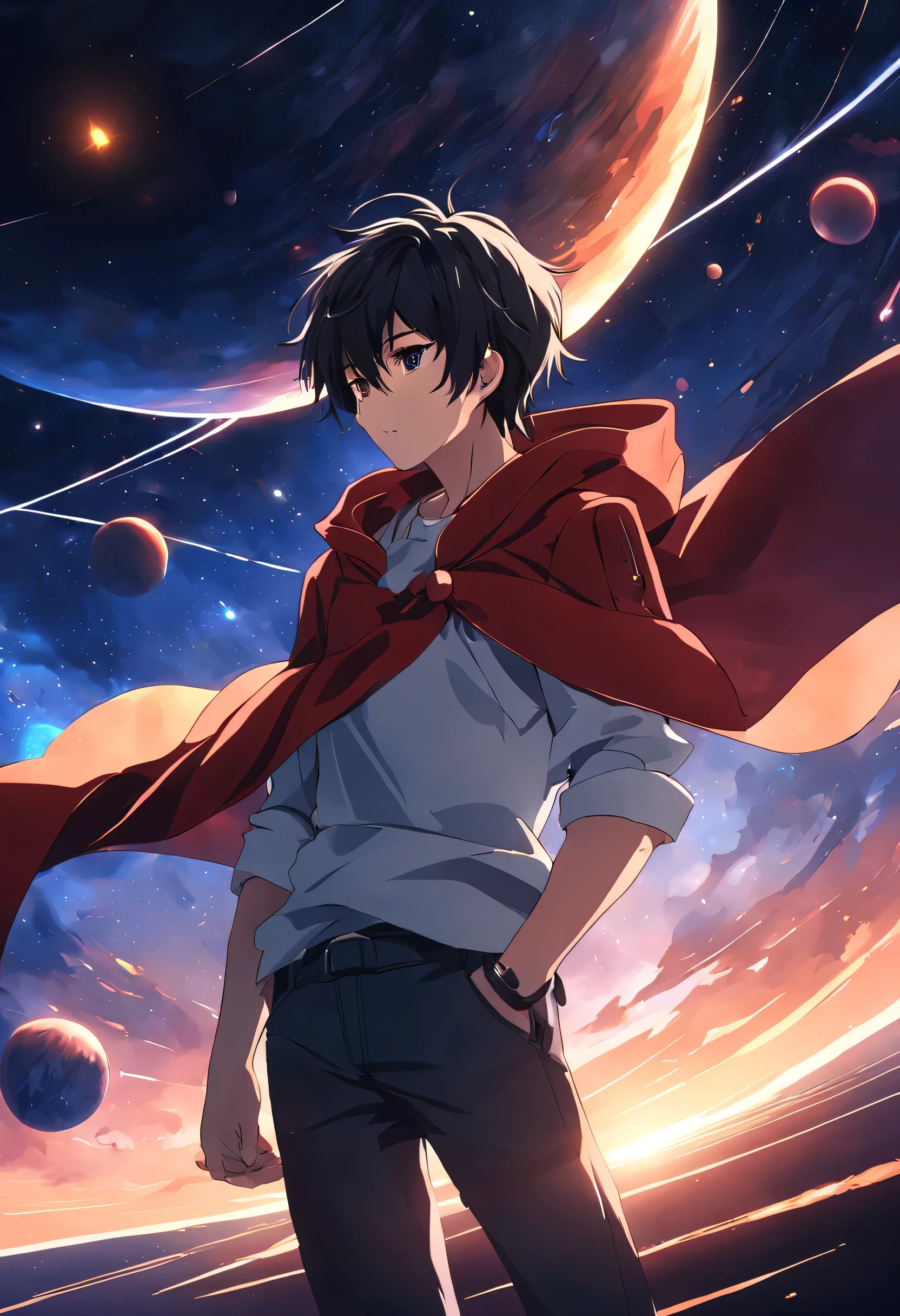 Anime boy with cape standing in front of planets - SeaArt AI
