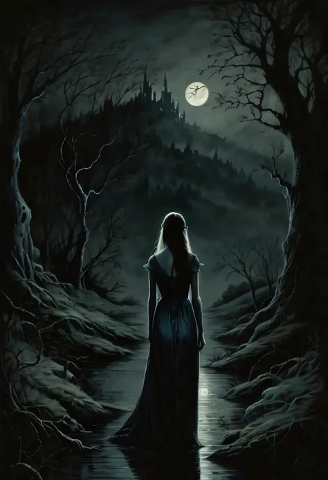 A dark nymphet wandering through a spooky landscape., In a dark fantasy ...