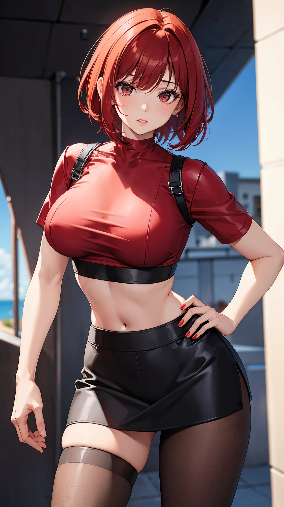 A woman in a red top and black shorts posing for a picture - SeaArt AI