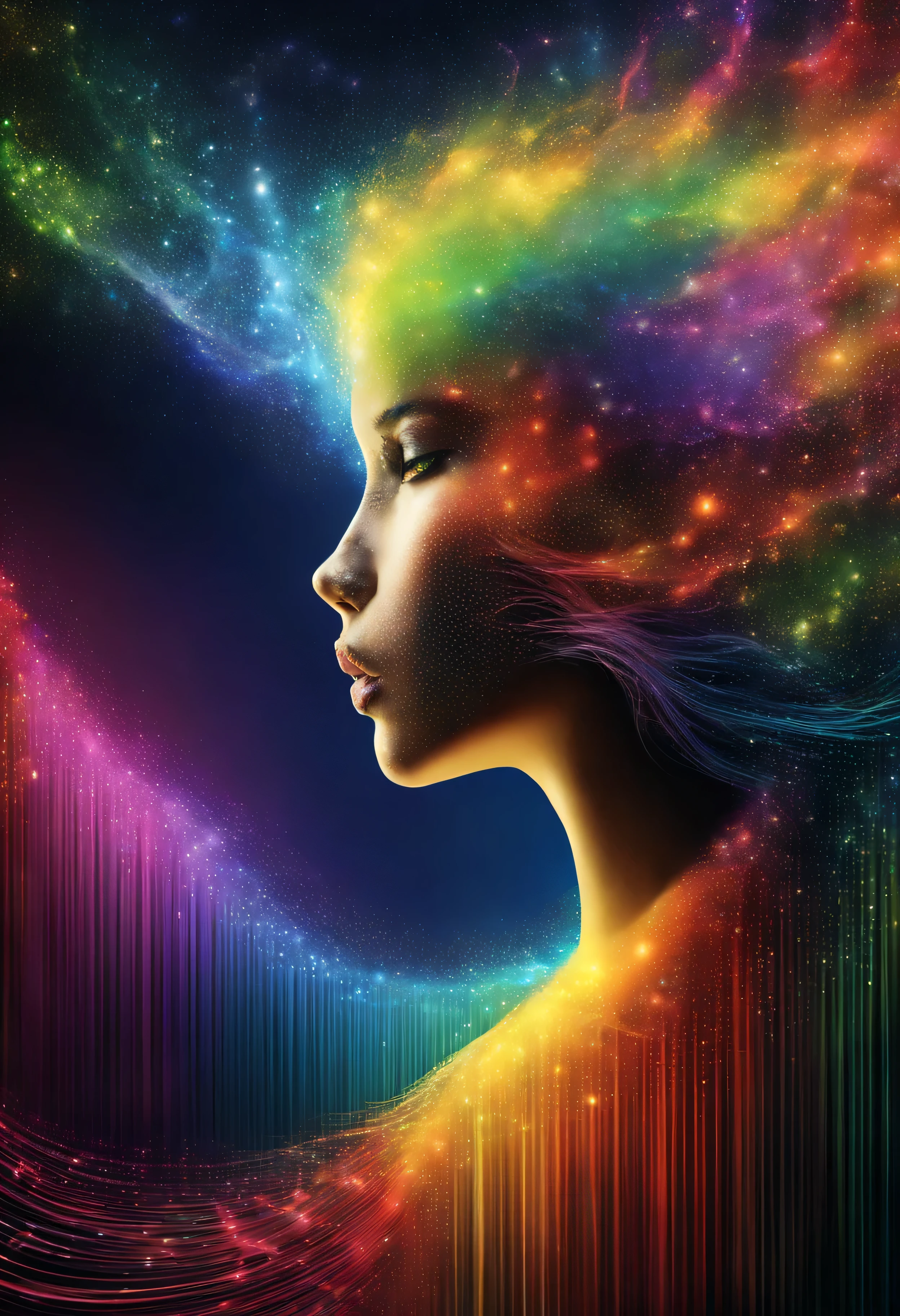 A woman with a rainbow hair and a colorful background - SeaArt AI