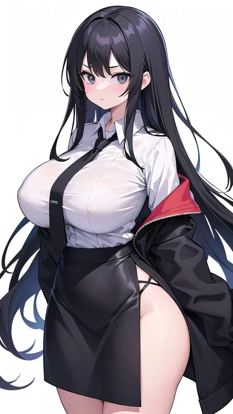 very long hair, black hair, jacket, red_jacket, red_eyes - SeaArt AI
