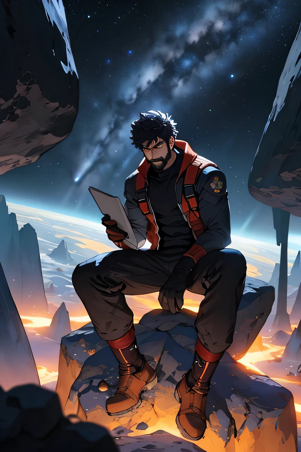 Draw a young programmer, sitting on a research platform floating in the ...