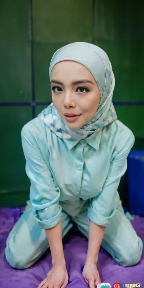 1 matured malay girl in hijab wear wet green satin bra and panties kneeling, nighttime, neon ...