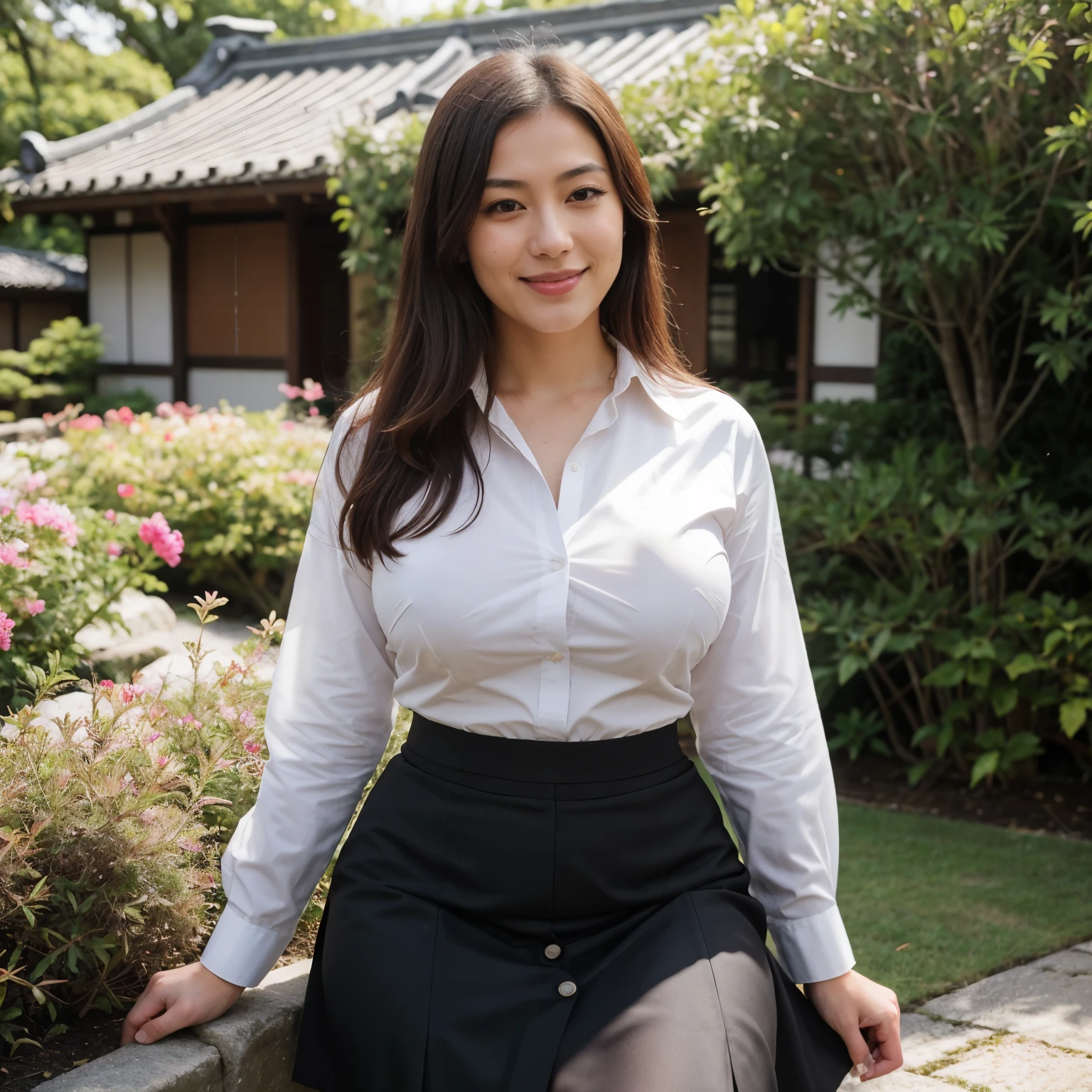 Arafed asian woman in a skirt and white shirt sitting on a bench - SeaArt AI