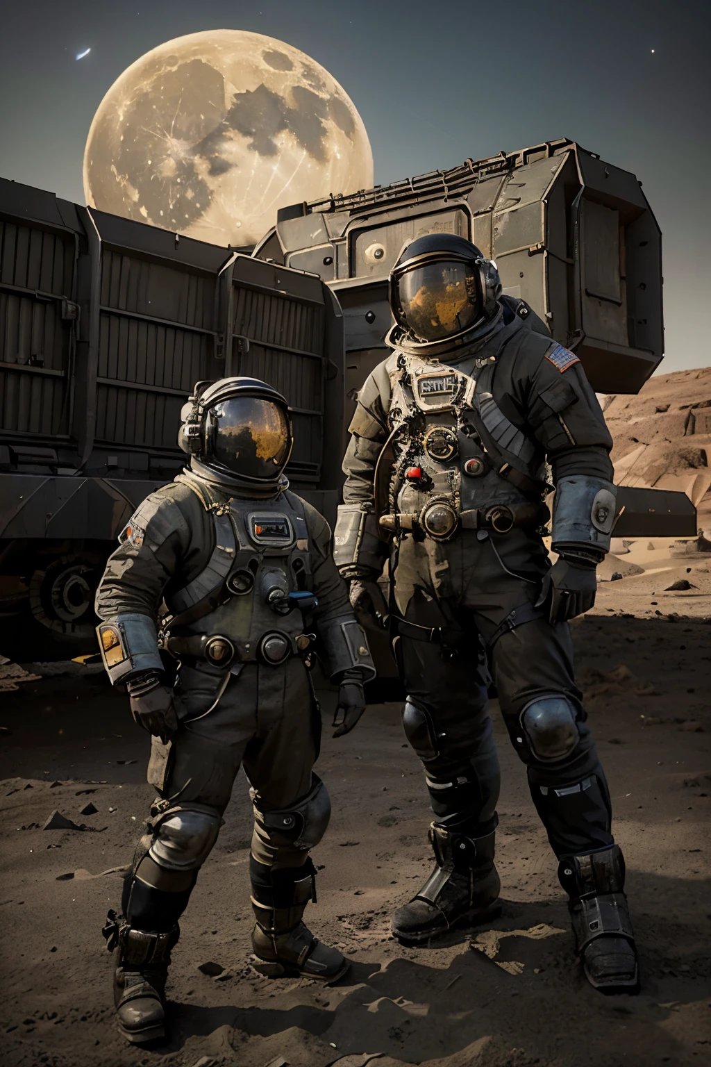 Two astronauts in space suits standing in front of a truck - SeaArt AI