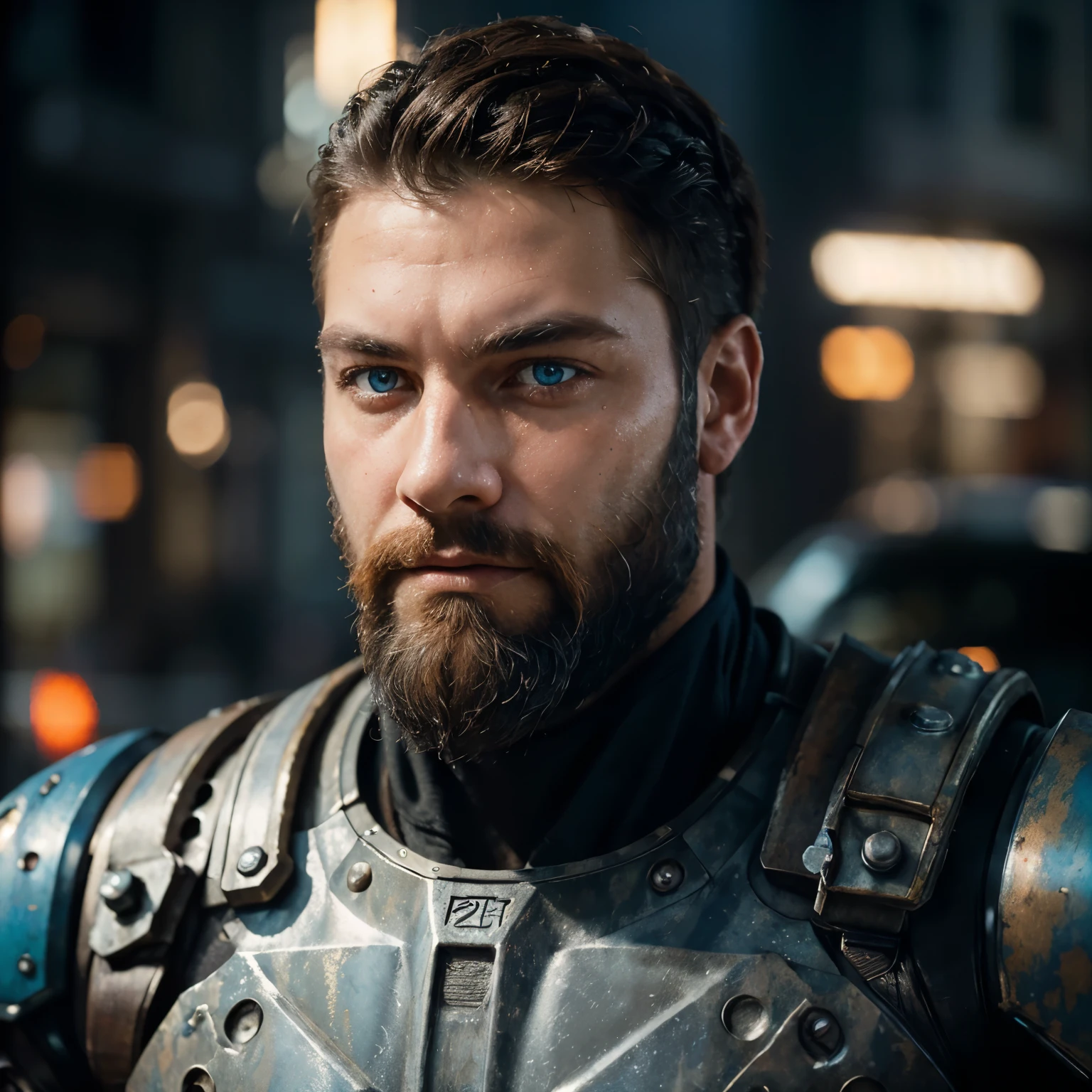 A man in armor with blue eyes standing in a city - SeaArt AI