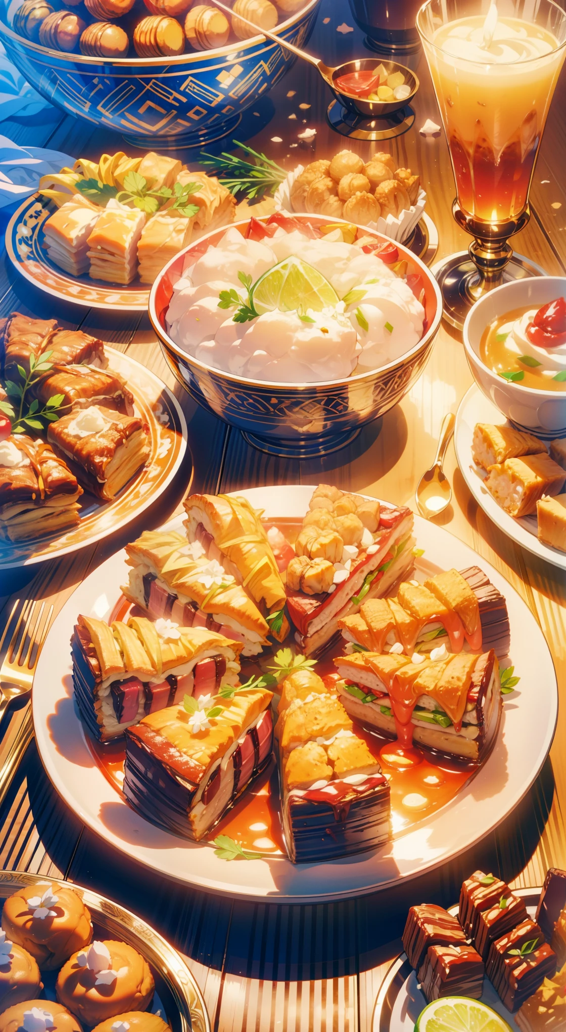 There are many plates of food on the table with drinks - SeaArt AI