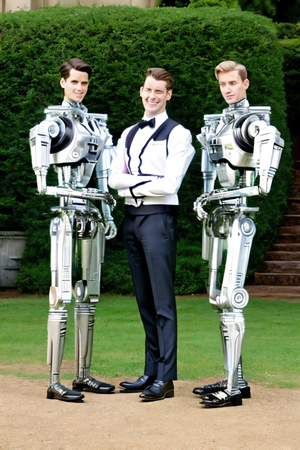 Three men in suits stand next to each other in front of a building ...