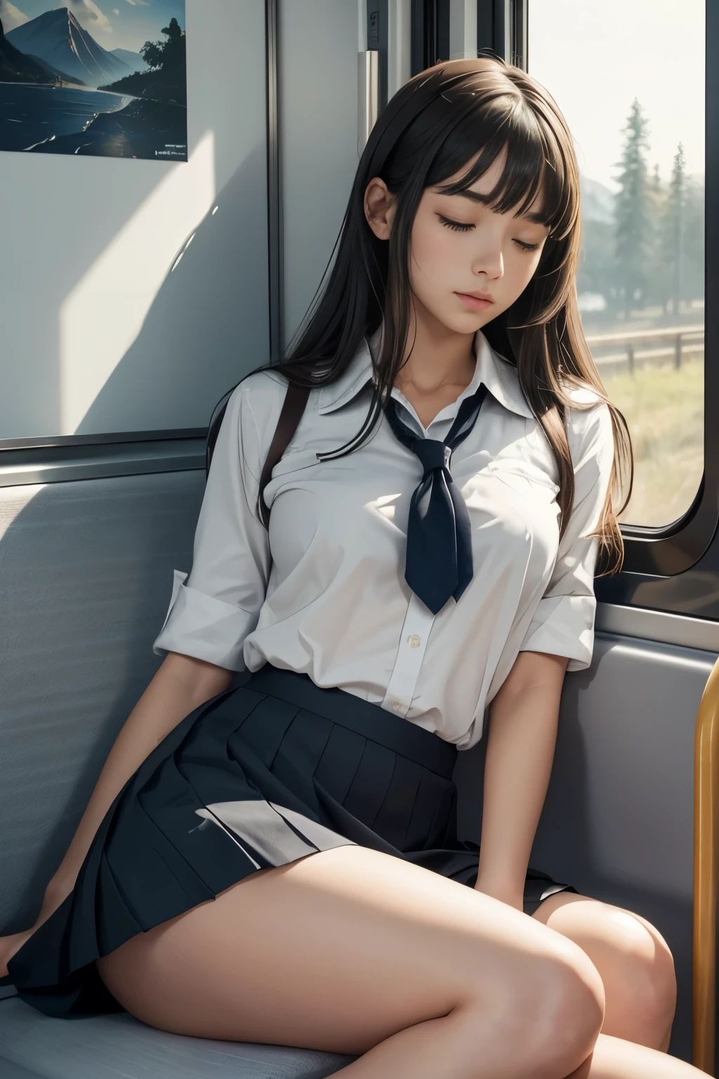 Arafed asian woman in a short skirt and shirt sitting on a train - SeaArt AI