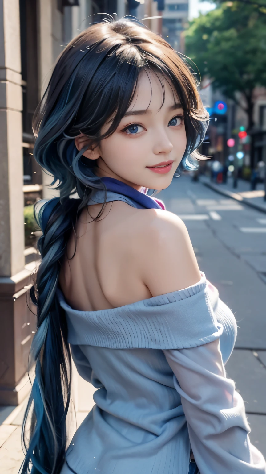 1 6세 소녀，，꼬맹이 큰 가슴，카메라로 돌아가기，뒤돌아봐，행복한 미소，귀여운 피부색，파란 눈，파란 머리，파마、세미 긴 머리，편평한 가슴，작은 가슴，귀여운 핑크색 입술