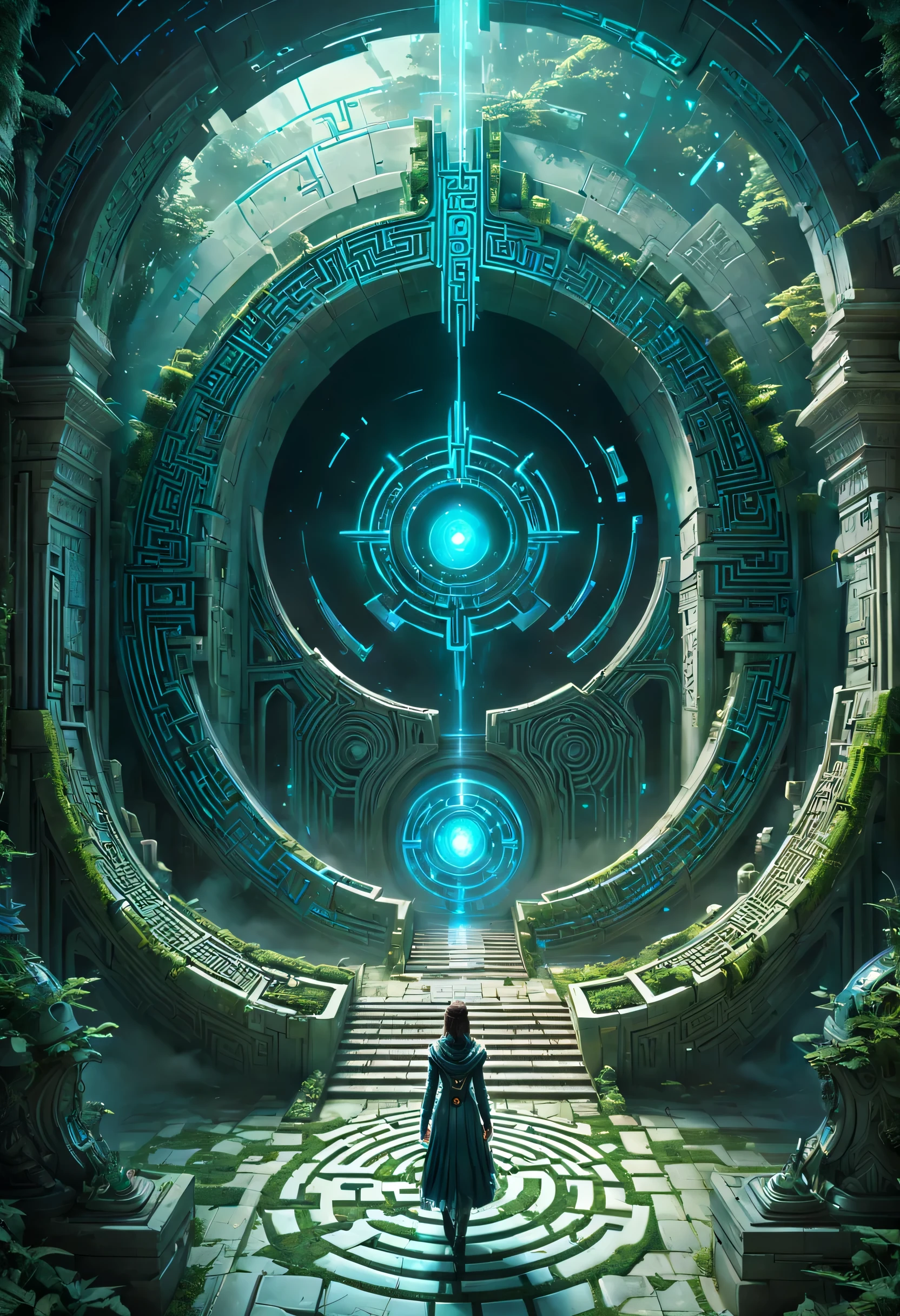 A woman standing in front of a maze with a light coming out - SeaArt AI