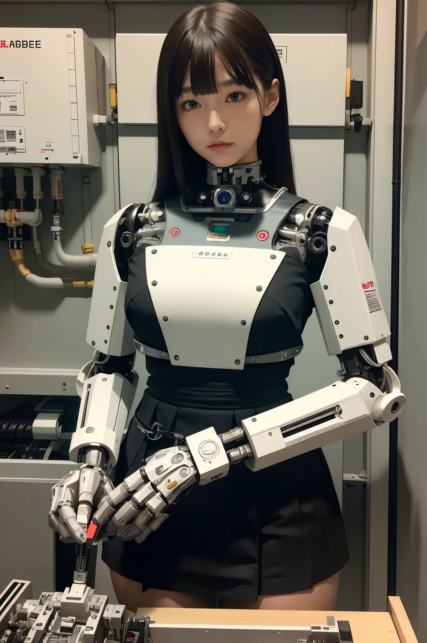 A close up of a woman in a robot suit standing in front of a computer ...