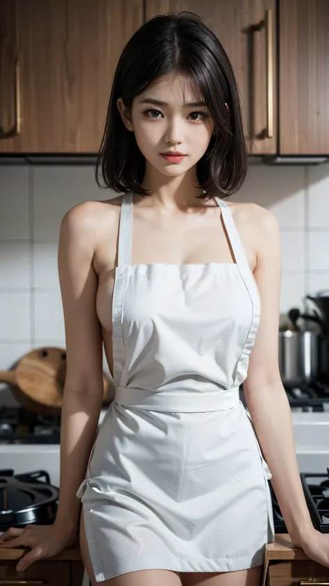 (((extra large apron、baggy apron、Photographed from a side angle、My chest is visible through the ...