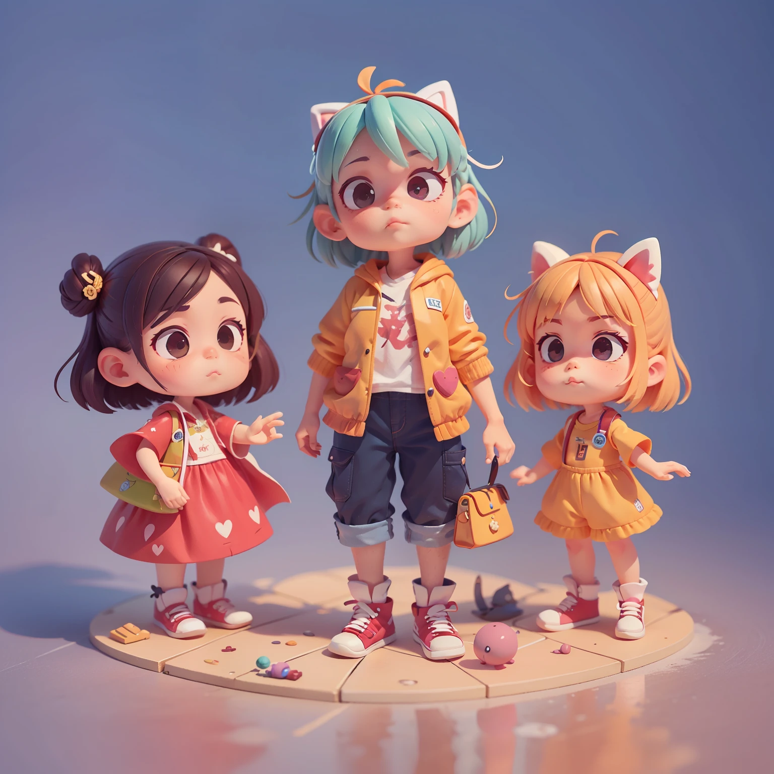 Three anime characters are standing on a wooden platform - SeaArt AI