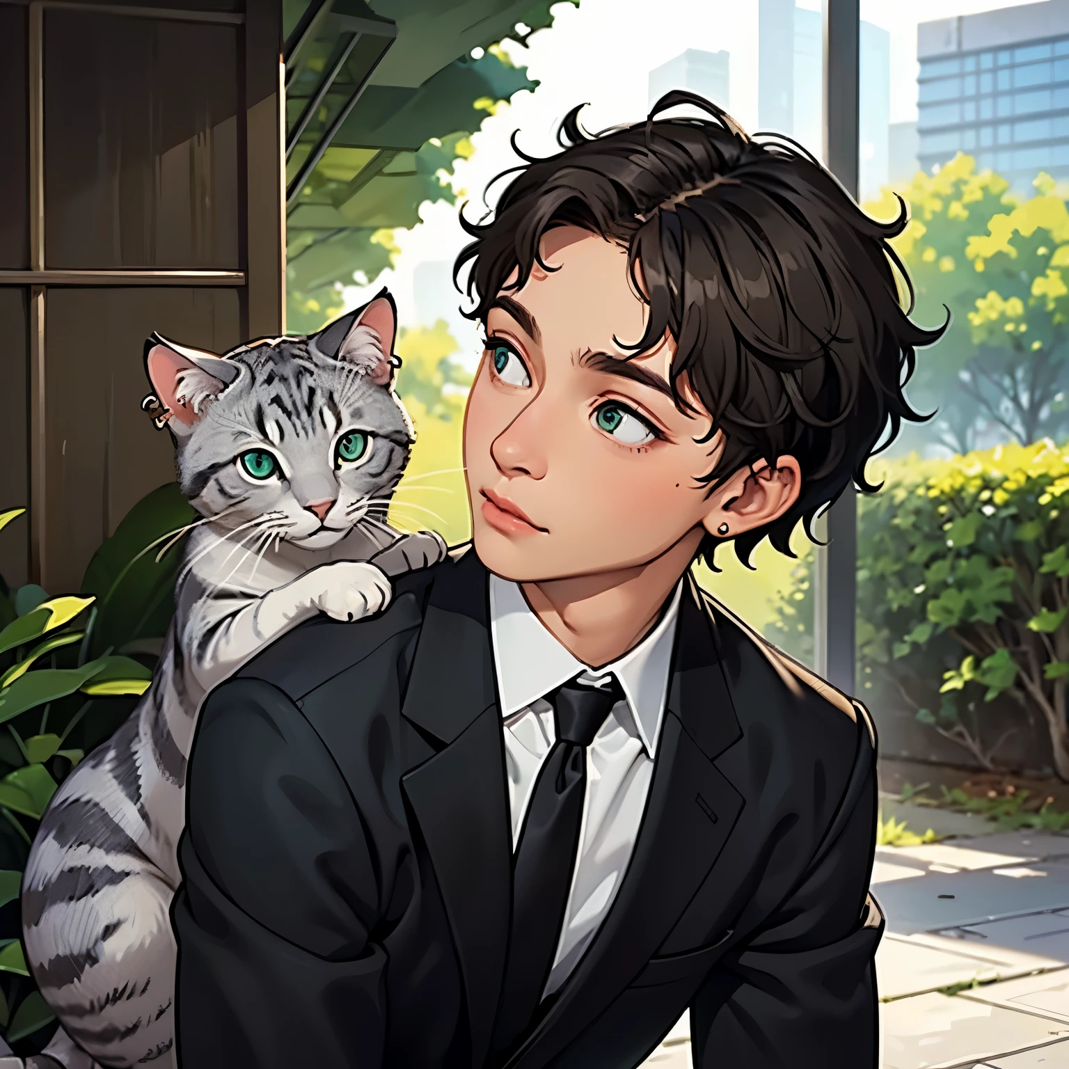 Anime boy in suit holding a cat in front of a window - SeaArt AI