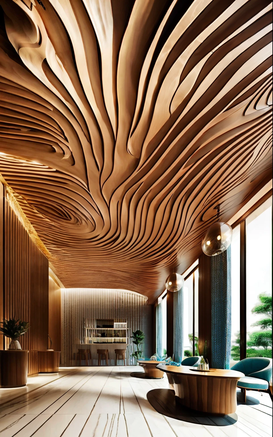 A close up of a wooden ceiling with a wooden table and chairs - SeaArt AI