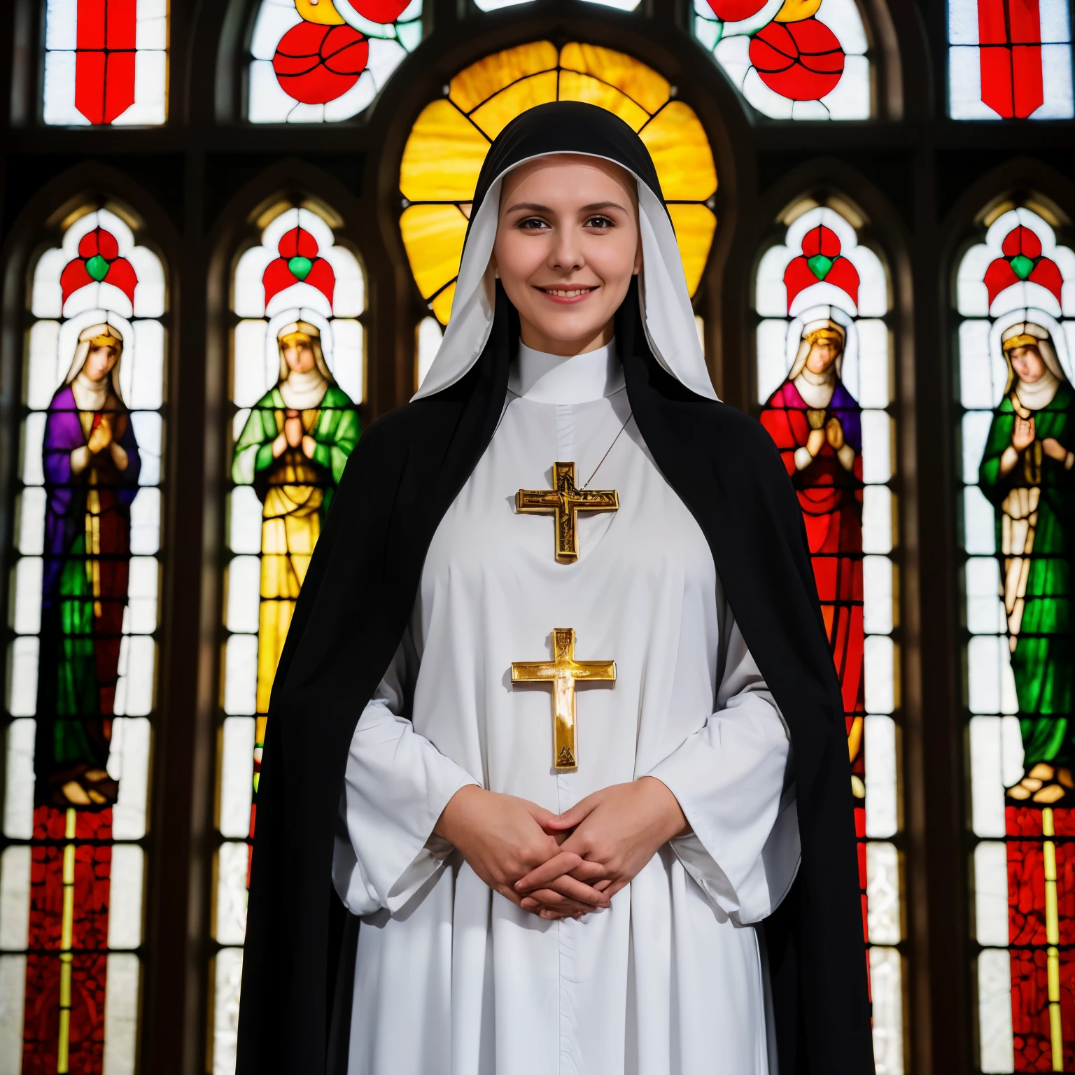 Arafed Woman In A Nuns Robe Standing In Front Of A Stained Glass Window Seaart Ai