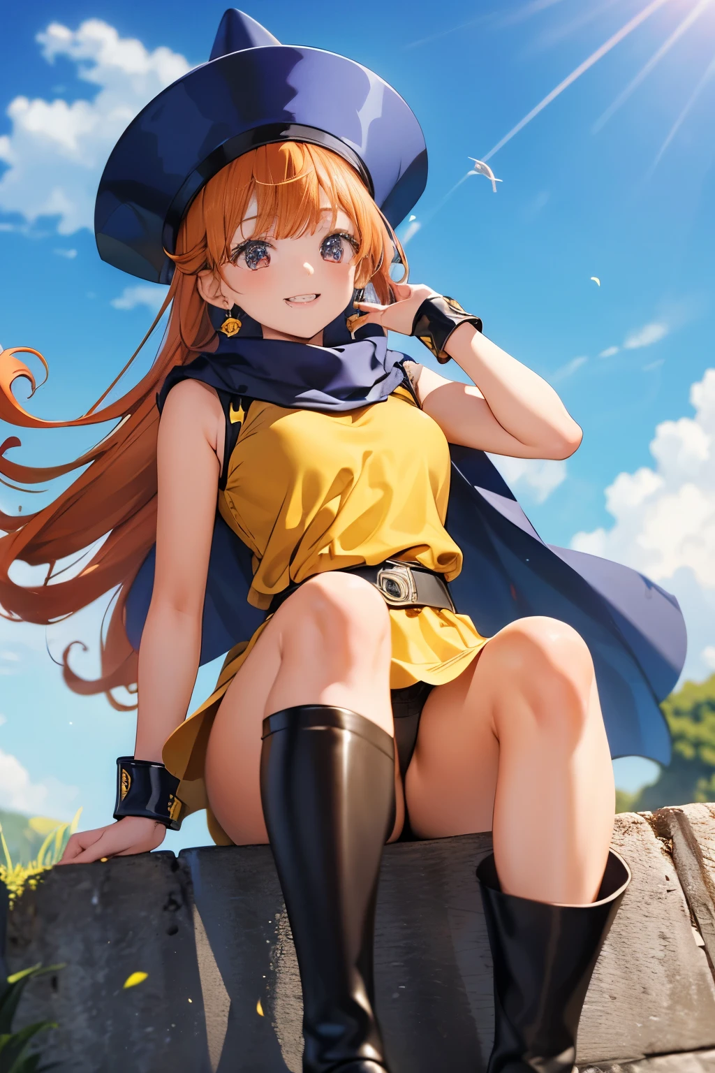 1 girl、High resolution、masterpiece、(Arena-DQ4、DQ4-Arena、orange hair)、smile、Sitting with legs ...