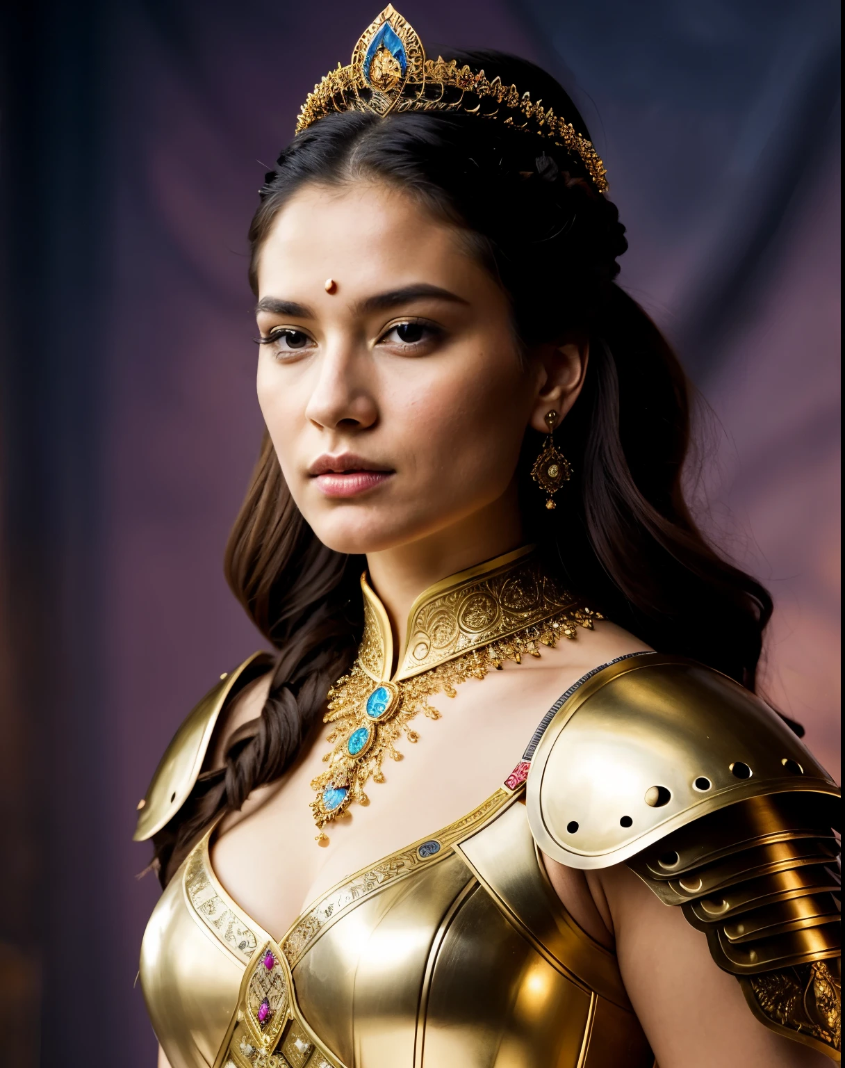 A woman in a gold dress and a tia with a blue necklace - SeaArt AI